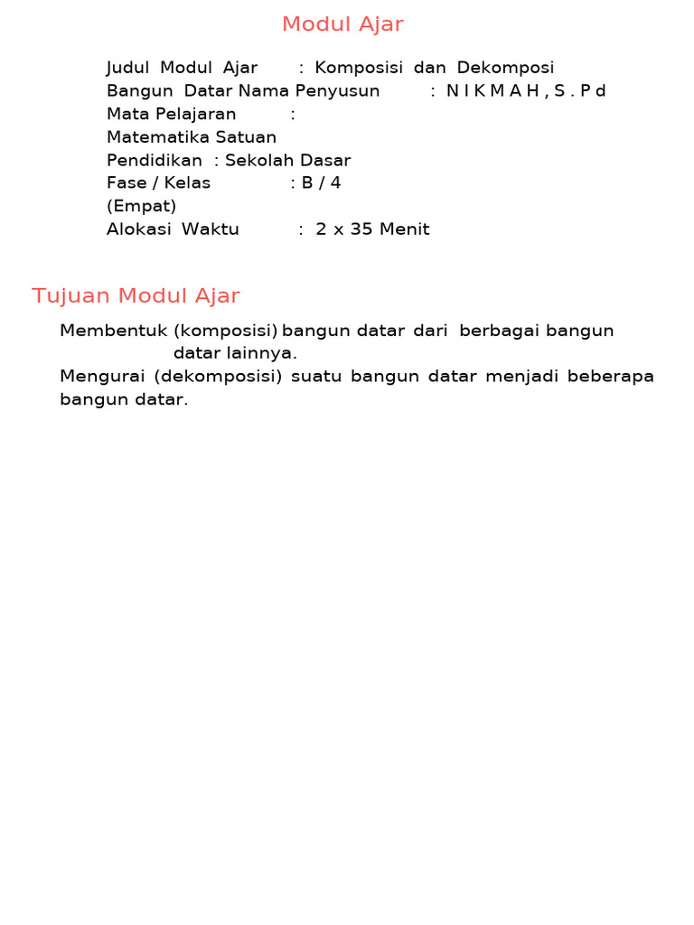 Modul Ajar Matematika - Komposisi Dan Dekomposisi Pada Bangun Datar - Fase B | PDF