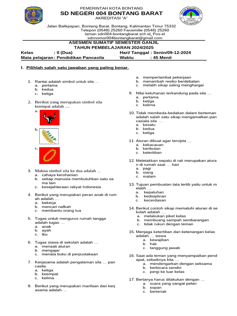 Soal Kelas 2 Pend - Pancasila (Asas Sem.1) | PDF