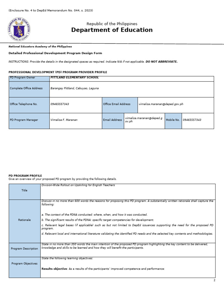 Enclosure No. 4 Detailed PD Program Design and M E Plan Form | PDF ...