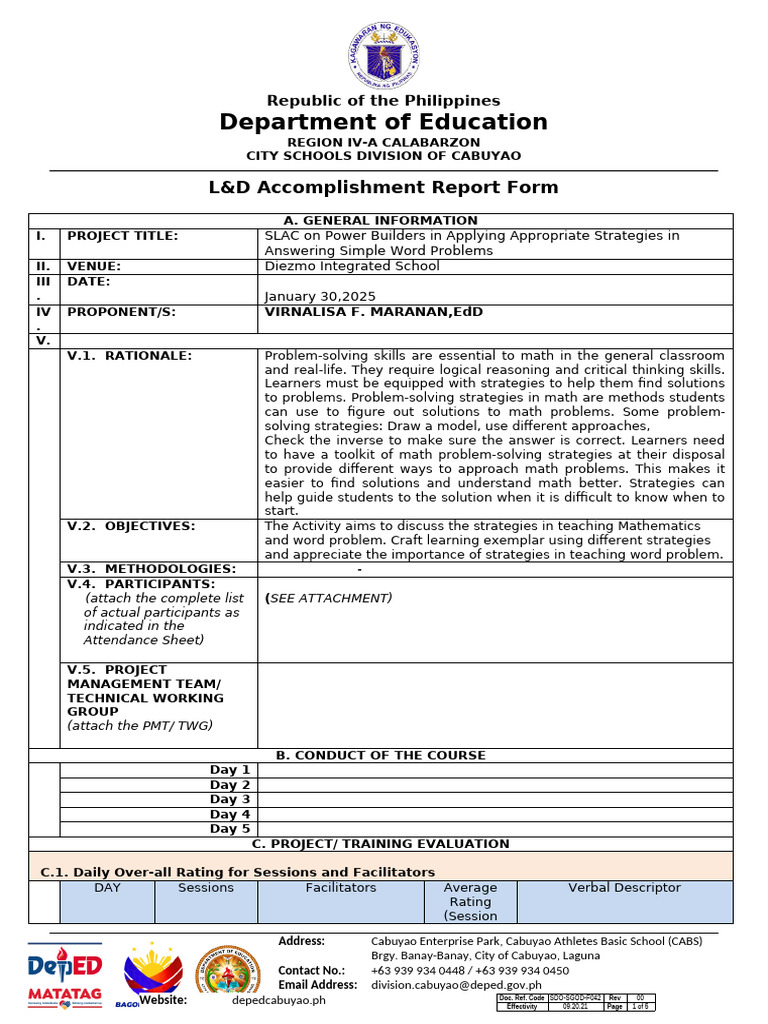 SDO-SGOD-F042.LAC Accomplishment Report Template | PDF | Mathematics | Education Theory