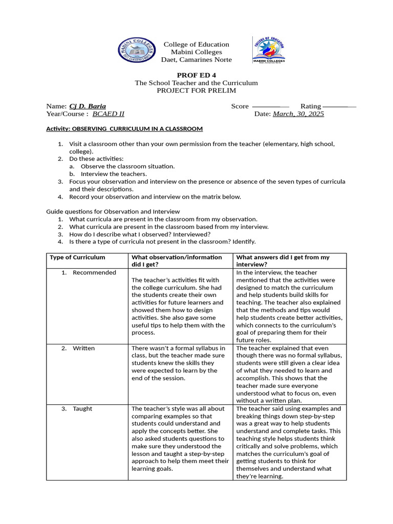 Prelim Project Prof Ed 4 | PDF | Curriculum | Teachers