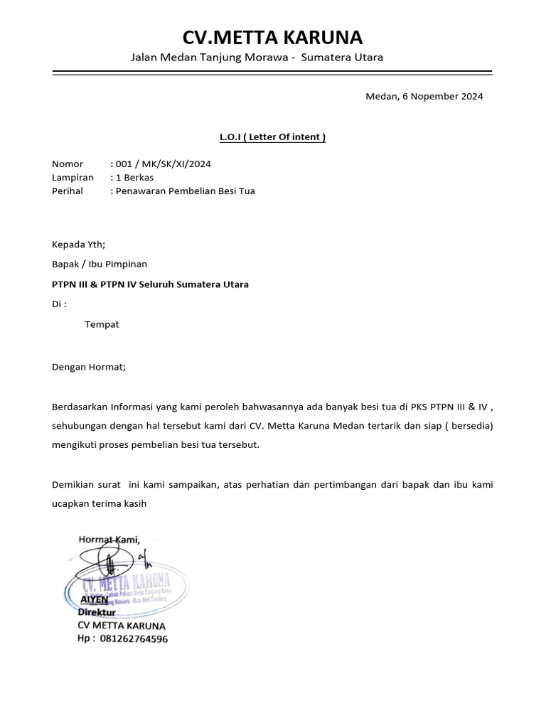 Penawaran Pembelian Besi Tua oleh CV. Metta Karuna | PDF
