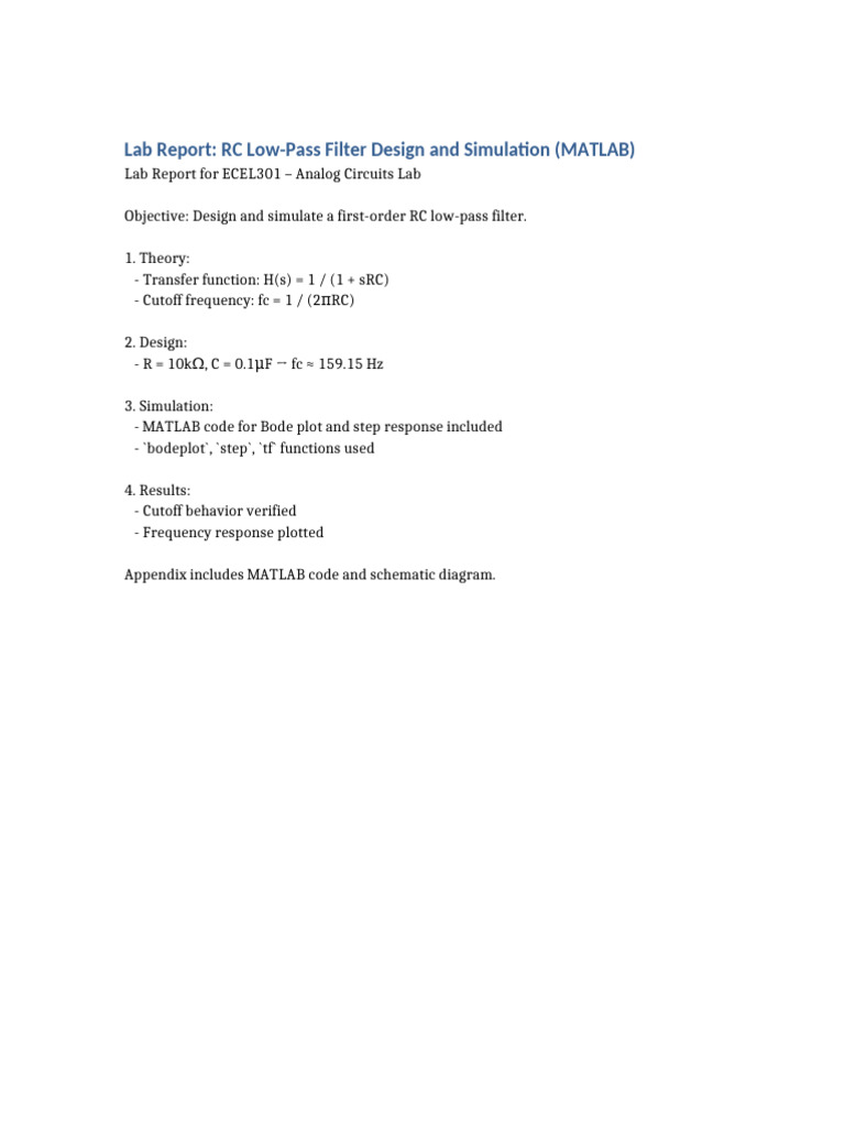 Lab Report RC Low Pass Filter Design | PDF