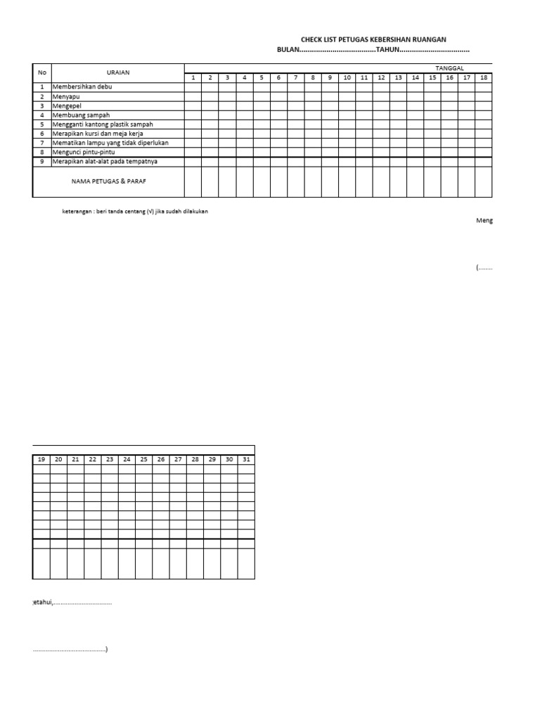 Checklist Kebersihan Ruangan Bulanan | PDF