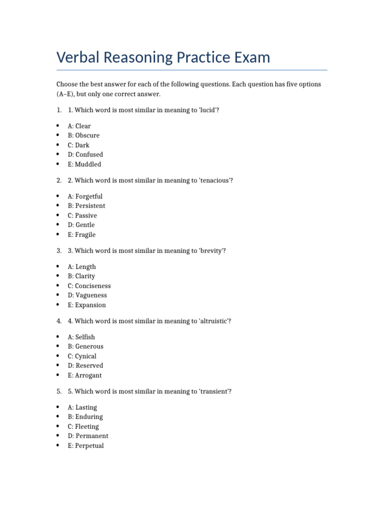 Grade 4 Verbal Reasoning Practice | PDF
