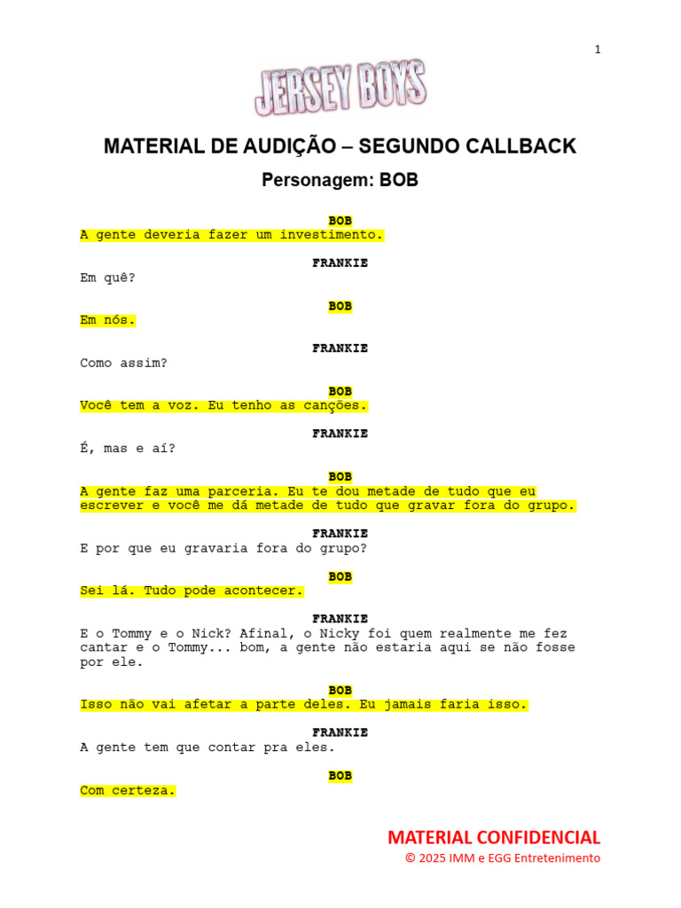 BOB - Cena 1.28 - Material de Audição - Segundo Callback - Jersey Boys ...