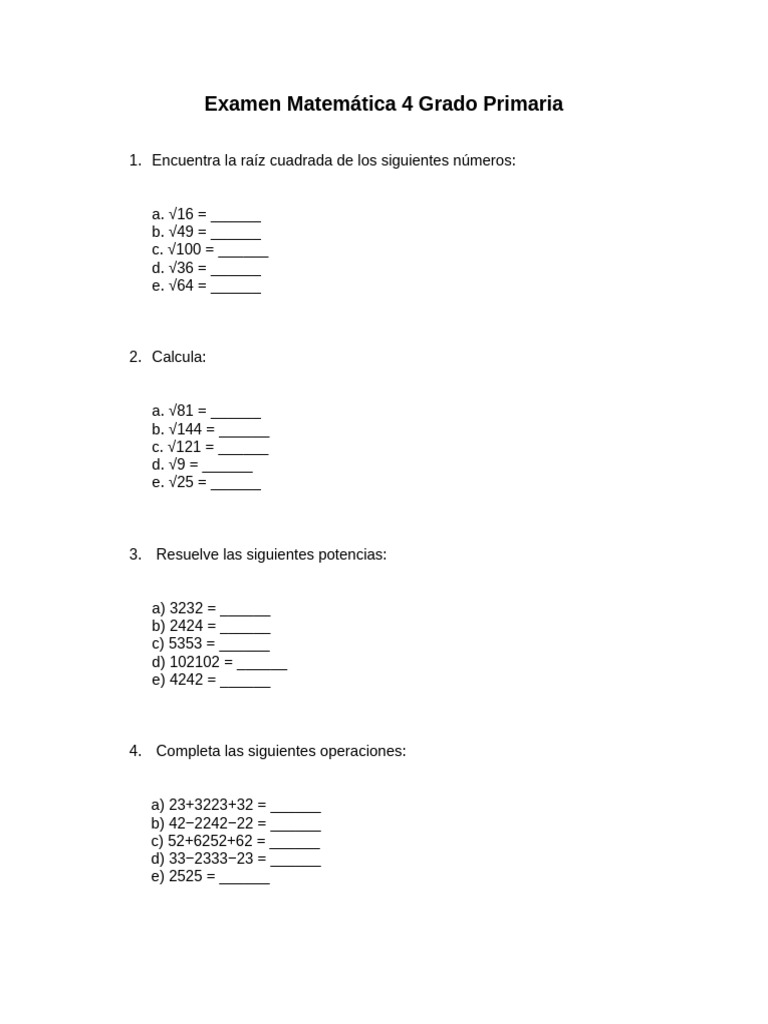 Examen de Matemáticas 4° Primaria | PDF