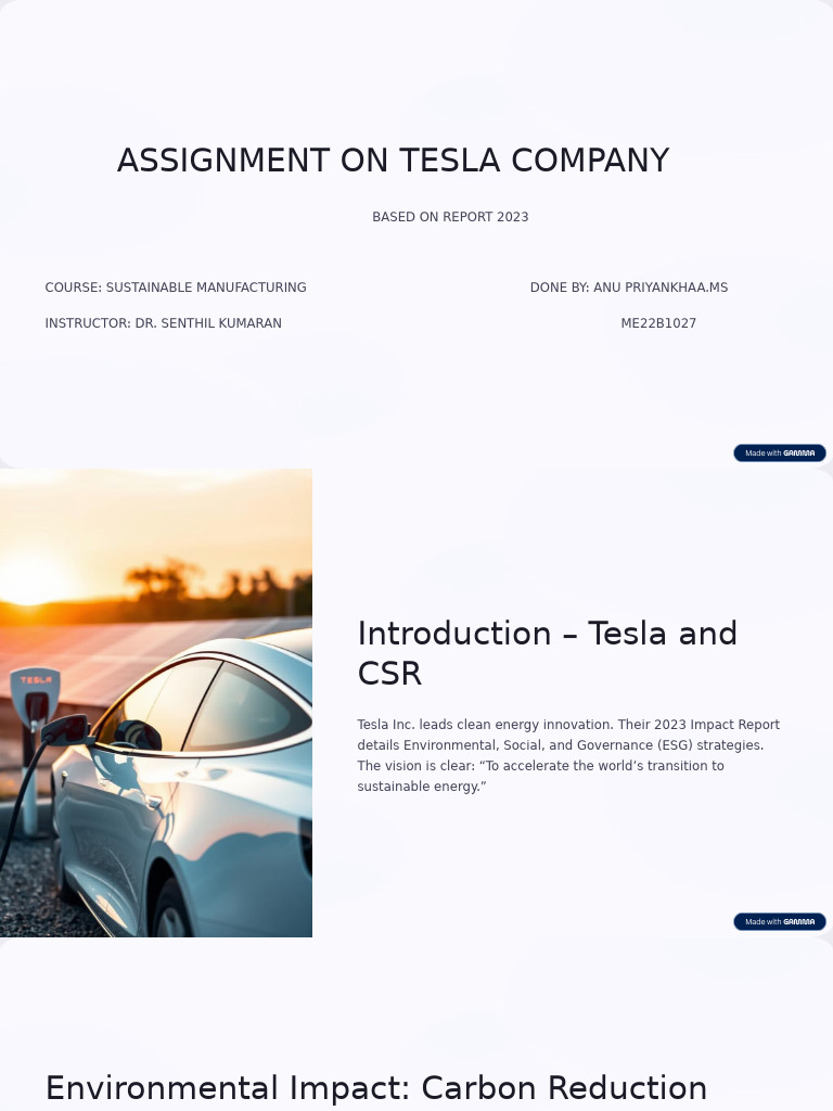 Me22b1027 Tesla Company | PDF | Sustainable Energy | Sustainability
