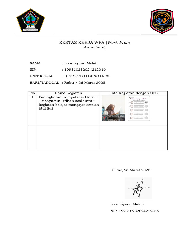 Kertas Kerja Wfa Upt SD Negeri Gadungan 05 Lusi 26 Maret | PDF