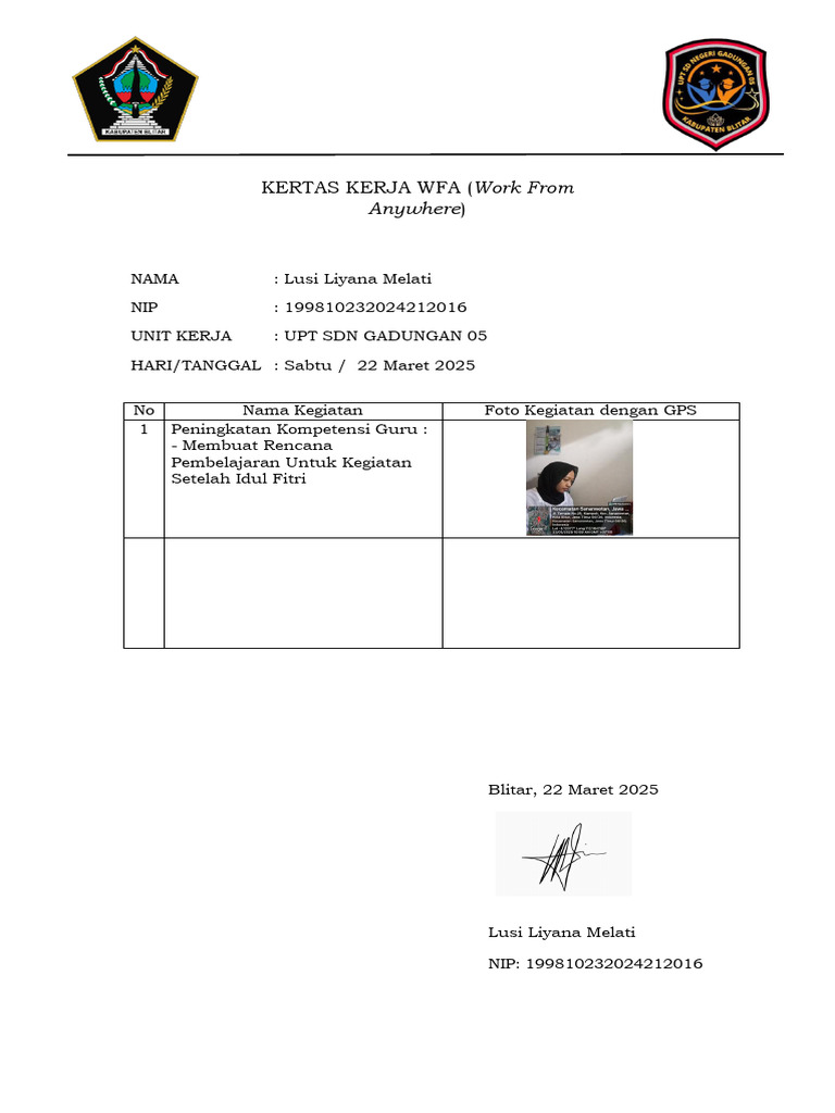 Kertas Kerja Wfa Upt Sd Negeri Gadungan 05 Lusi Day 2 | PDF