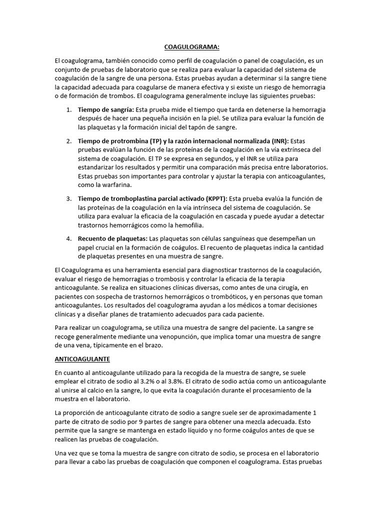 Coagulograma: Pruebas y Funciones Clave | PDF | Coagulación | Sangre