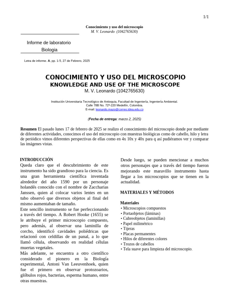 Informe de Labortorio | PDF | Microscopio