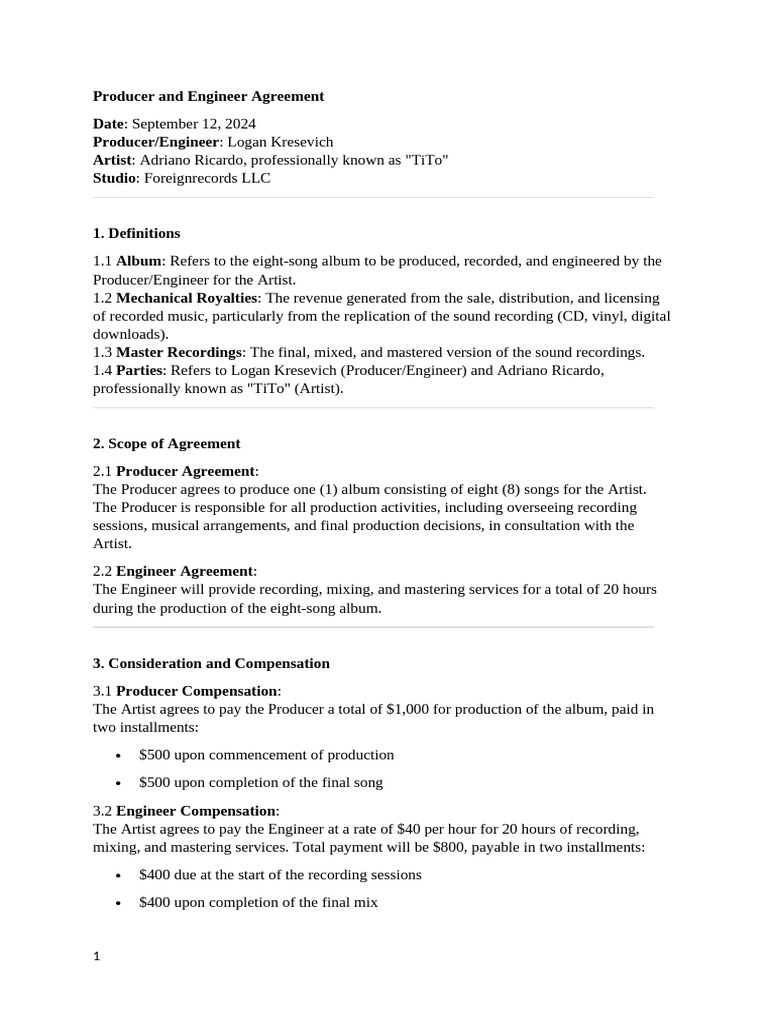 Producer and Engineer Agreement | PDF | Breach Of Contract | Indemnity