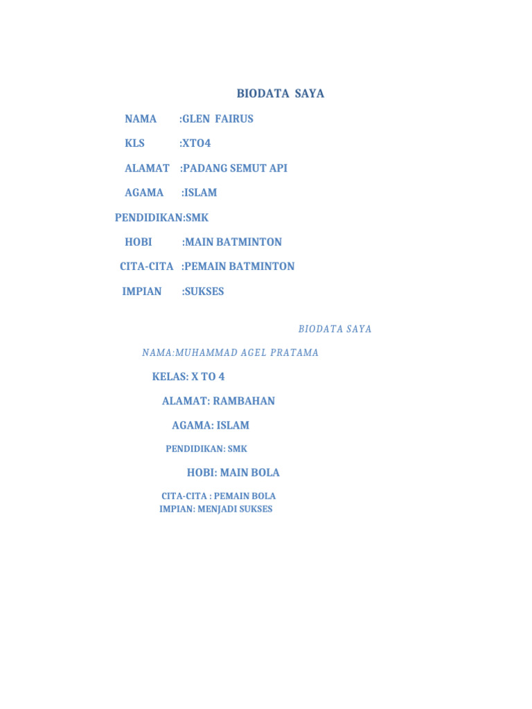 Biodata Pelajar SMK: Glen & Agel | PDF