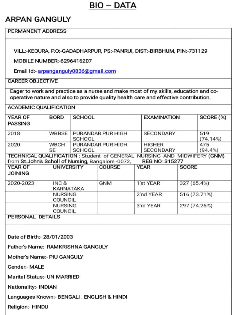 Nurse Bio Data of Arpan Ganguly | PDF