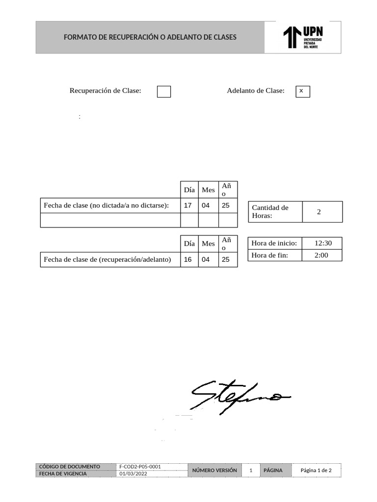 F-Cod2-P05-0001 - 1 Formato de Adelanto de Clases - Jueves 17 04 - Barreto Practica 3772 | PDF
