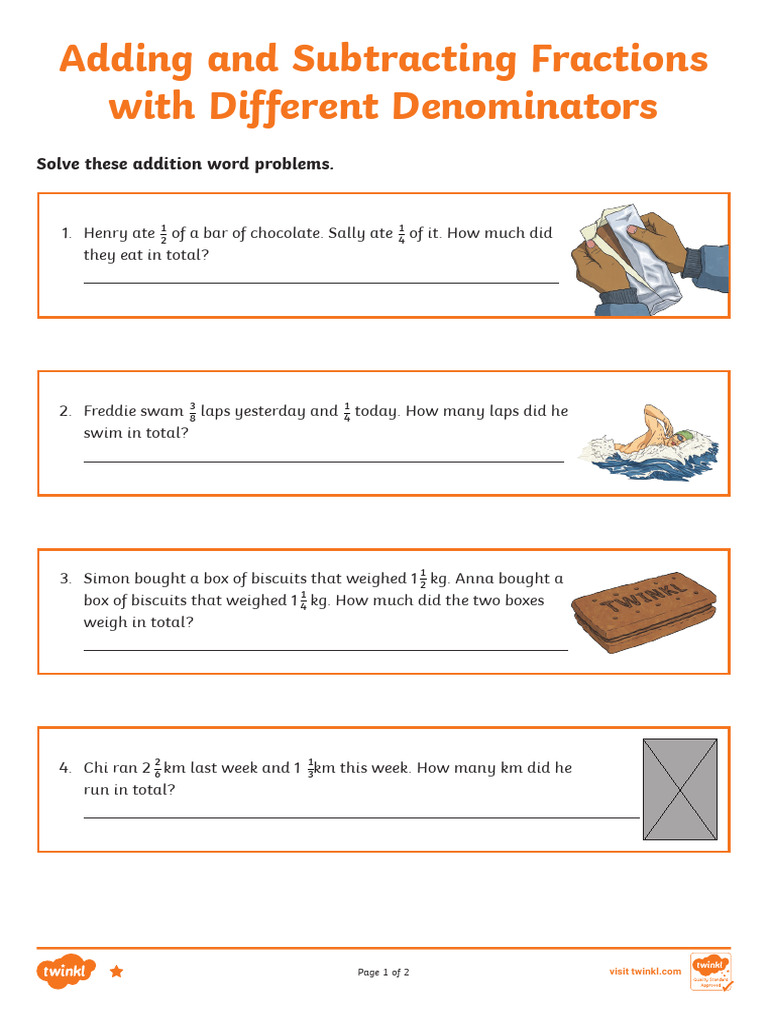 Adding and Subtracting Fractions With Different Denominators Word ...