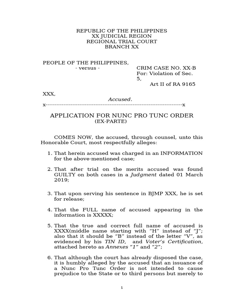 Application for Nunc Pro Tunc Order | PDF | Justice | Crime & Violence