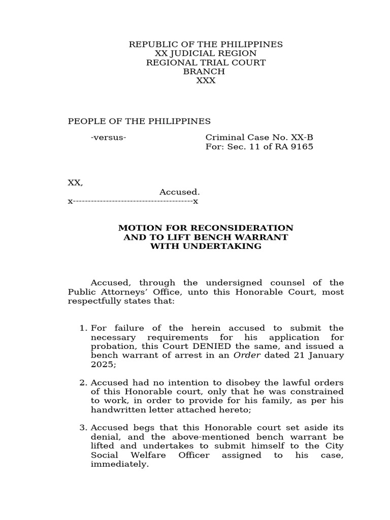MR and Motion To Lift Bench Warrant With Undertaking | PDF