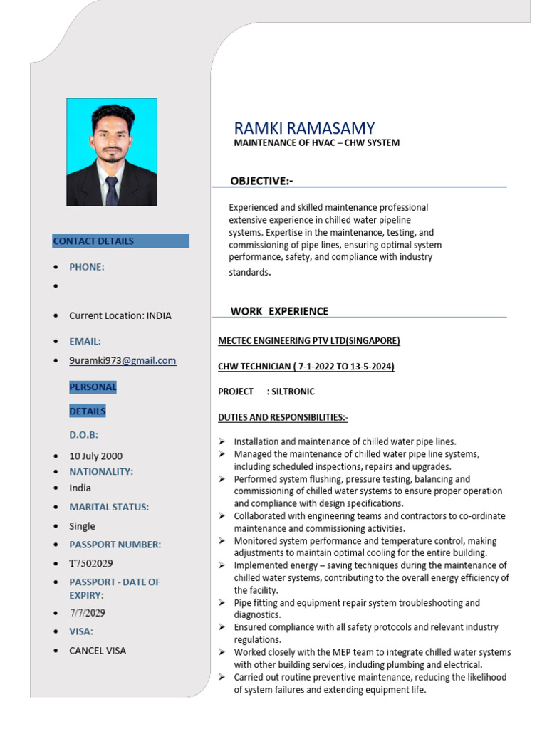 CV - For - Maintenance - Ramki | PDF | Plumbing | Pipe (Fluid Conveyance)