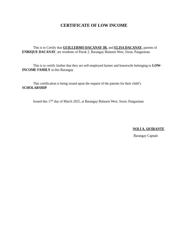 Certificate of Low Income | PDF
