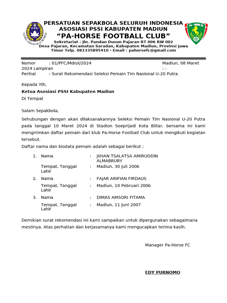 Surat Rekomendasi Seleksi Timnas U-20 PaHorse FC 2004 | PDF