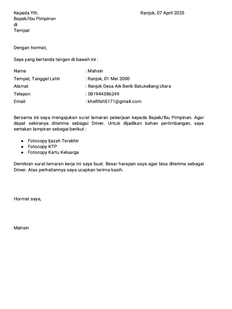 Surat Lamaran Dan CV Mahsin Driver | PDF