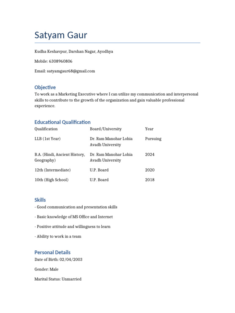 Marketing Executive Resume of Satyam Gaur | PDF