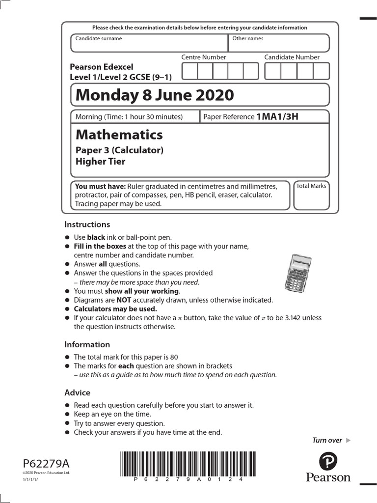 2020 Pearson Edexcel Gcse Maths Paper 3 Calculator Higher 1ma1 3h Question Paper | PDF | Speed