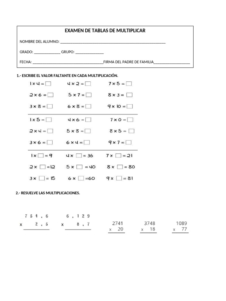 Examen de Tablas de Multiplicar 5to | PDF