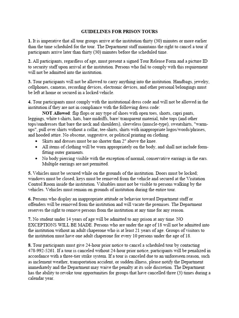 Prison Tour Guidelines and Release Form | PDF | Clothing | Legal Liability