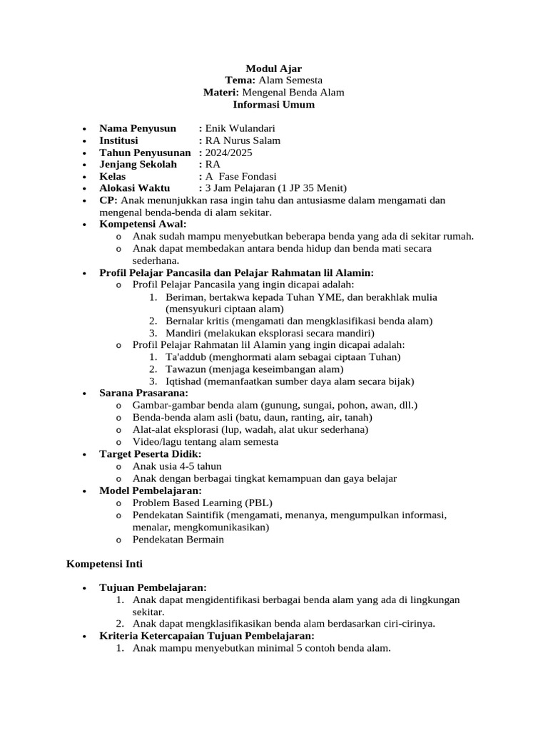 Modul Ajar PBL Mengenal Benda Alam | PDF