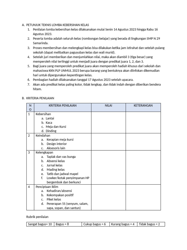 PETUNJUK TEKNIS LOMBA KEBERSIHAN KELAS | PDF