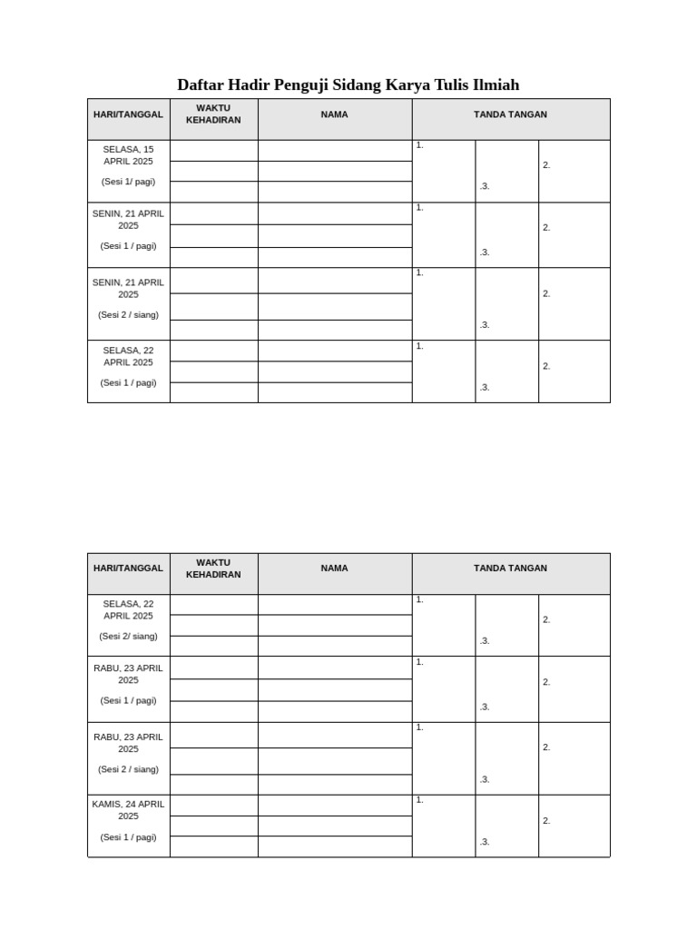 Daftar Hadir Penguji Sidang Karya Tulis Ilmiah | PDF