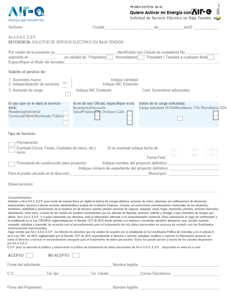 Formulario Air e Solicitud Servicio Energia | PDF | Diseño | Cableado eléctrico