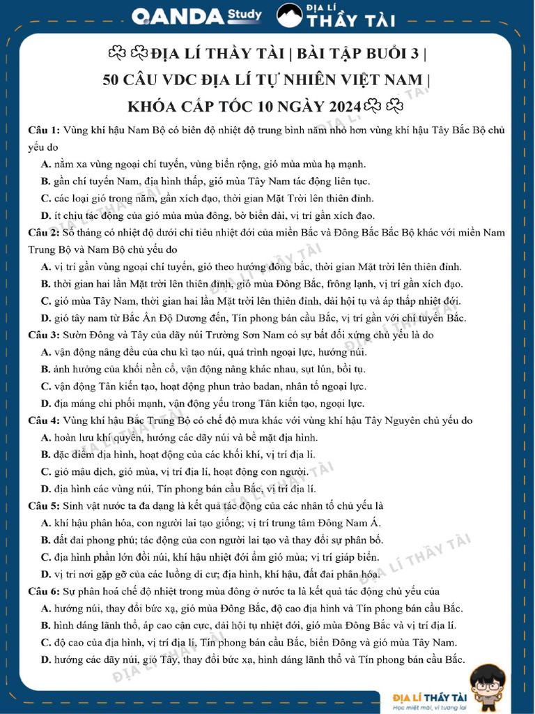 3 Cau Hoi VDC Dia Li Tu Nhen Viet Nam 2 | PDF