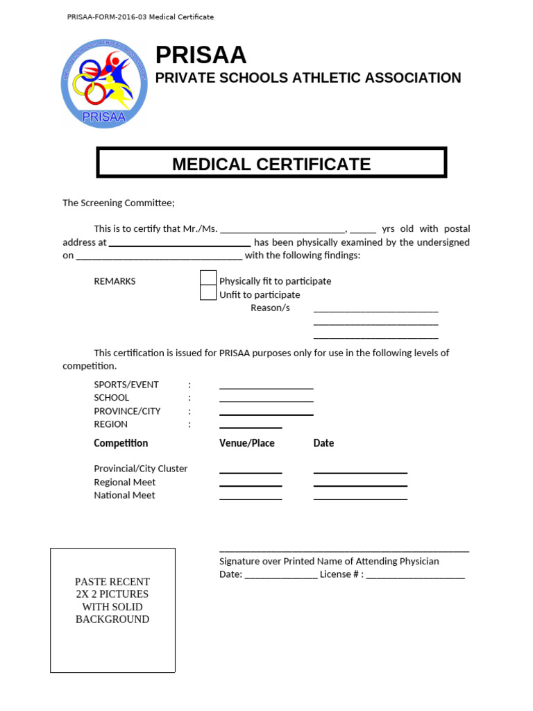 Prisaa Form 2016 03 Medical Certificate | PDF
