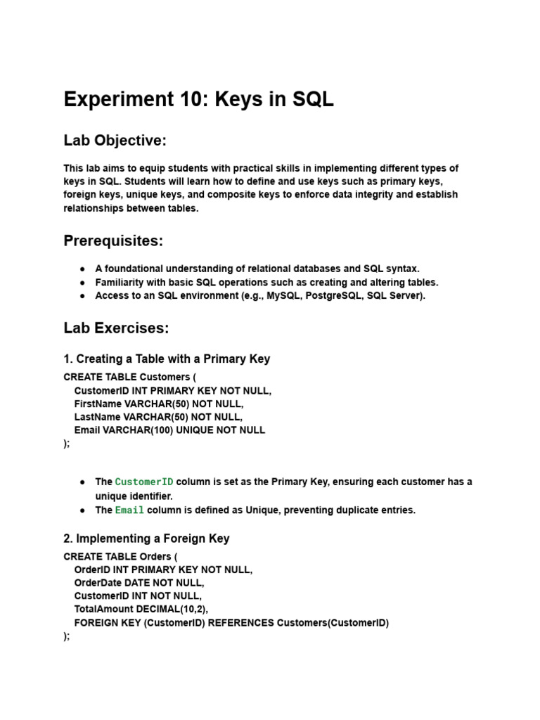 Experiment 10: Keys in SQL: Lab Objective | PDF | Sql | Databases