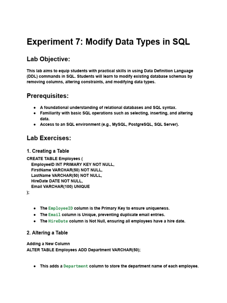 Experiment 7: Modify Data Types in SQL: Lab Objective | PDF