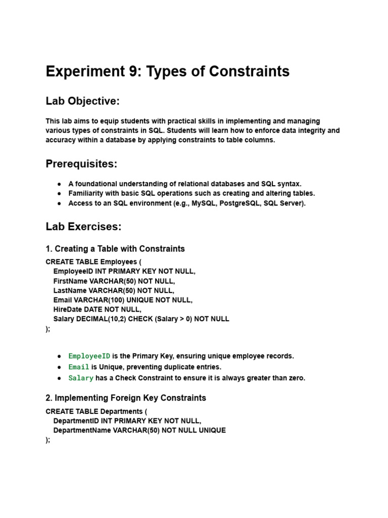 Experiment 9 Types Of Constraints Lab Objective Pdf Sql Software Design