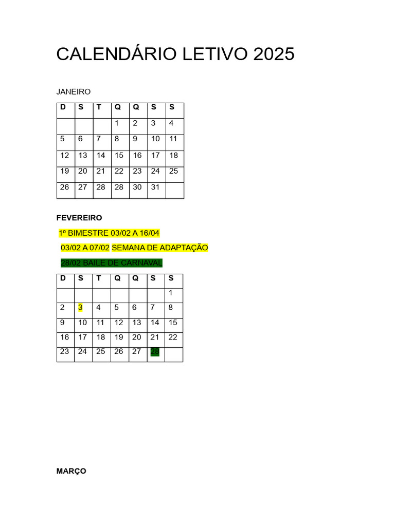 Calendário Letivo 2025: Datas Importantes | PDF