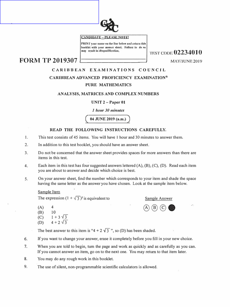 CAPE Pure Mathematics U2 P1 2019 | PDF
