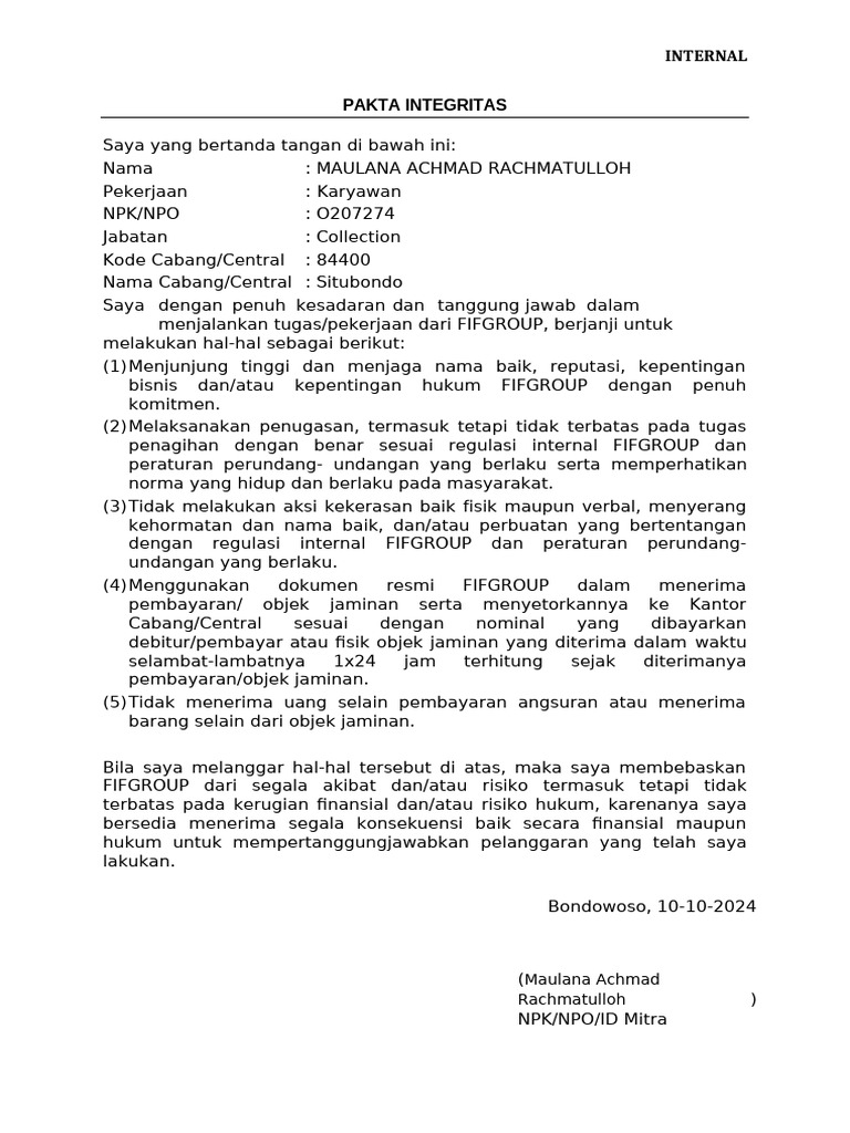 Pakta Integritas - Internal | PDF