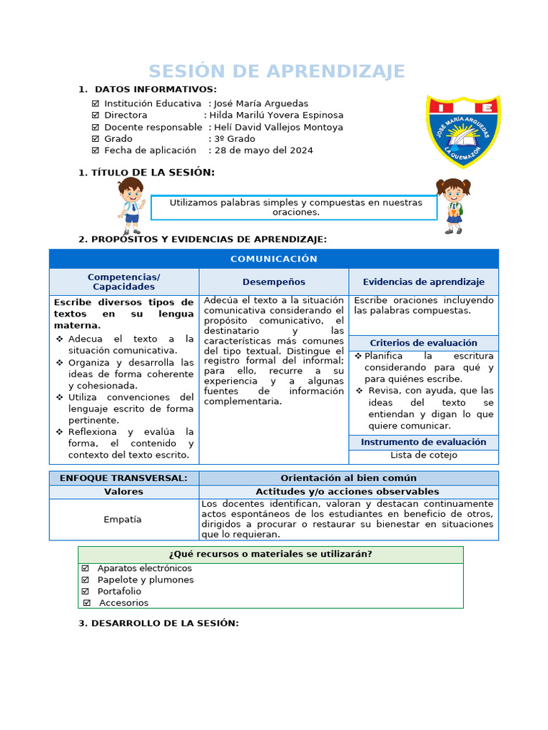 SESIÓN DE APRENDIZAJE Utilizamos Palabras Simples y Compuestas en ...