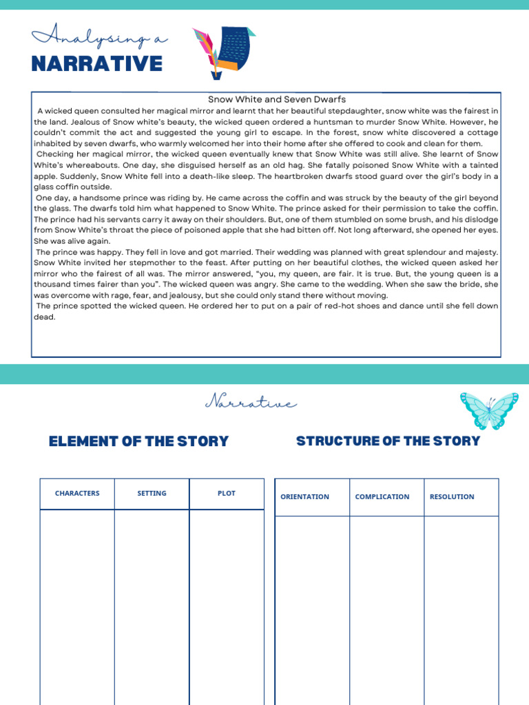 English Analysing A Narrative Worksheet Blue Turquoise Simple Printable ...
