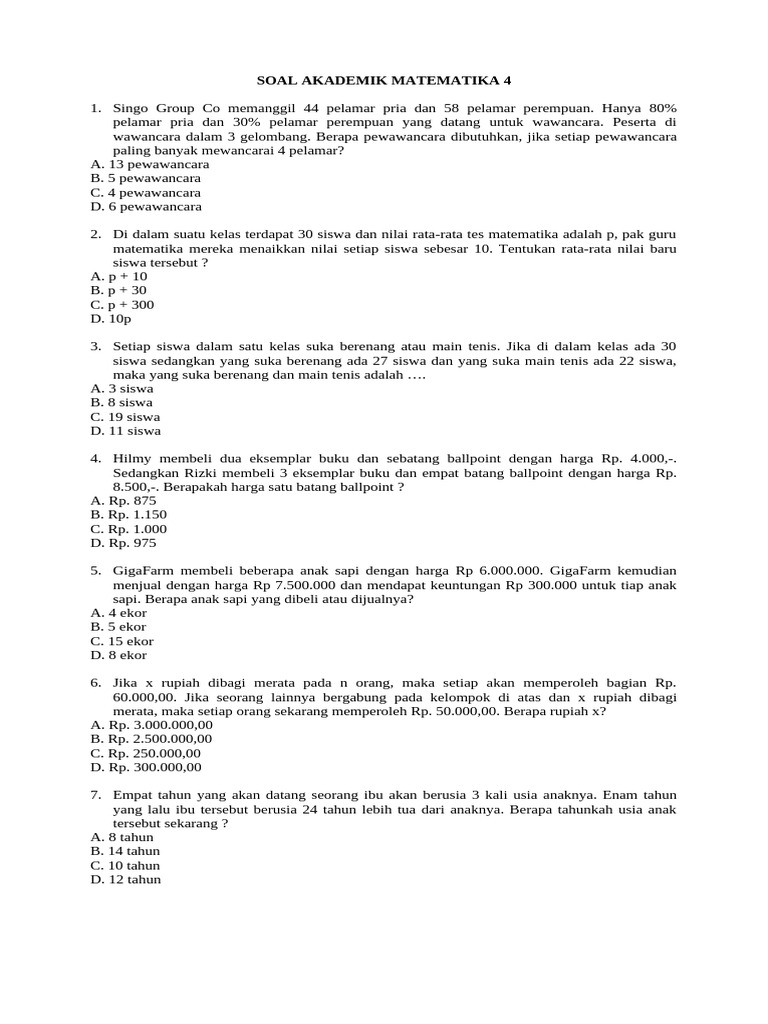 SOAL MTK 4 | PDF
