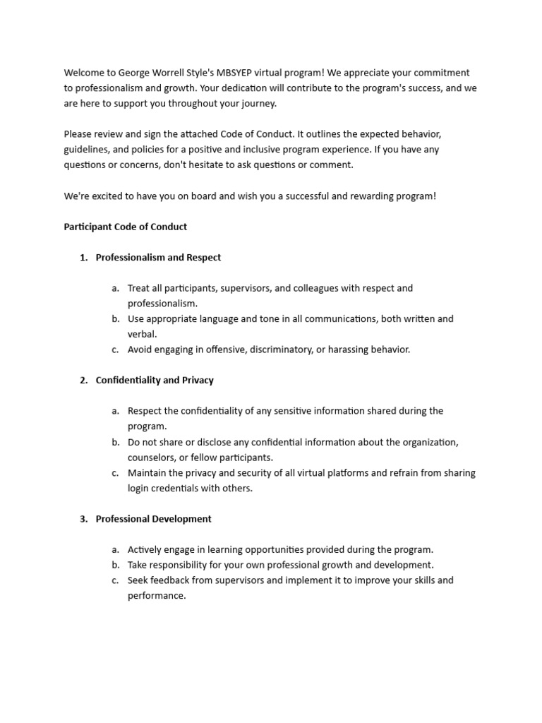 Participant Code of Conduct Contract -mbsyep 2023 | PDF