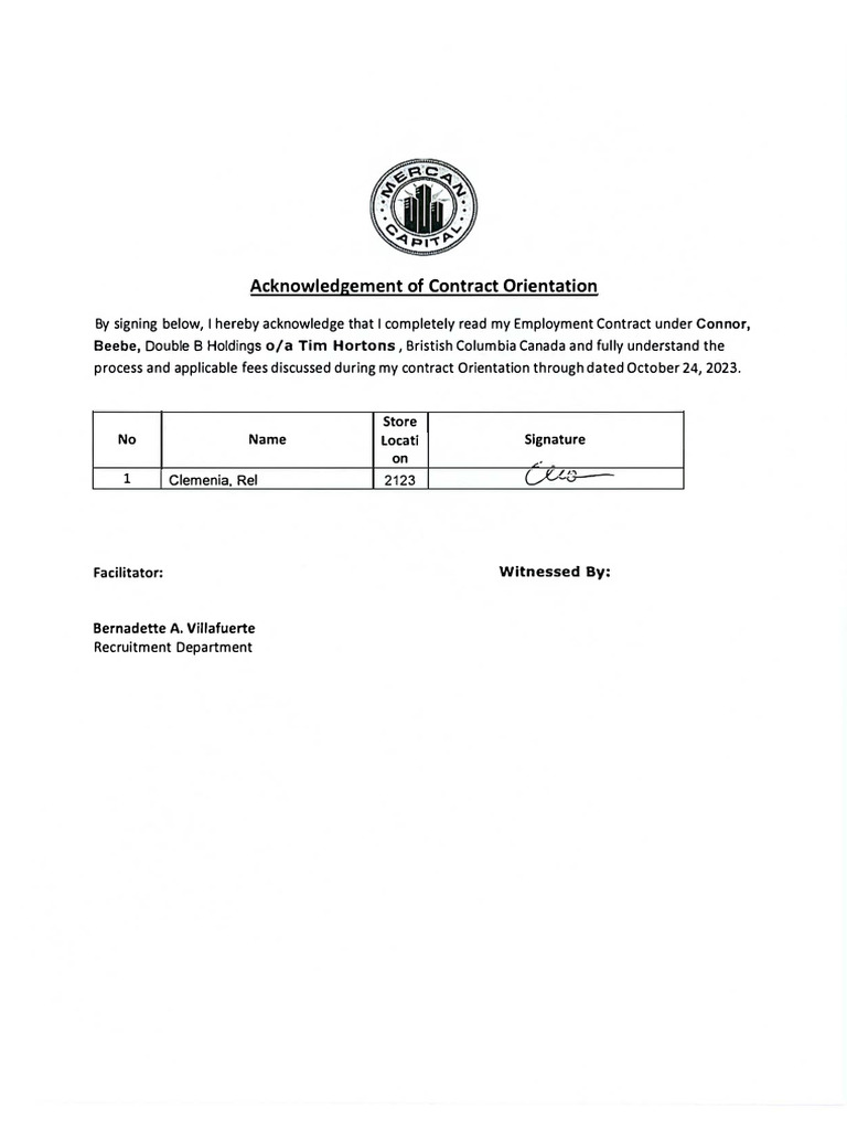 Acknowledgement of Contract Orientation | PDF