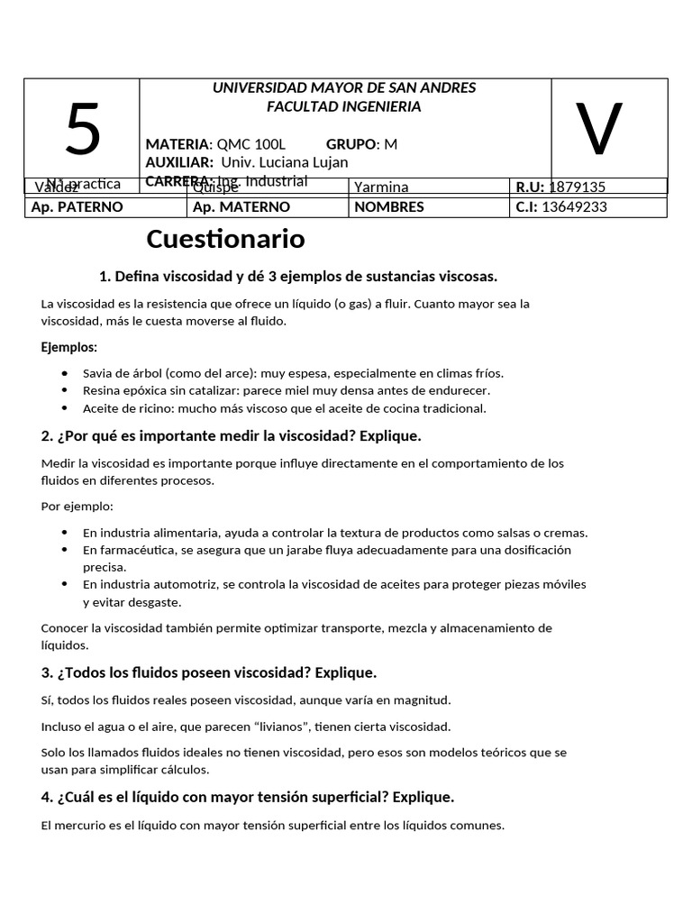 Cuestionario 5 QMC | PDF | Líquidos | Tensión superficial