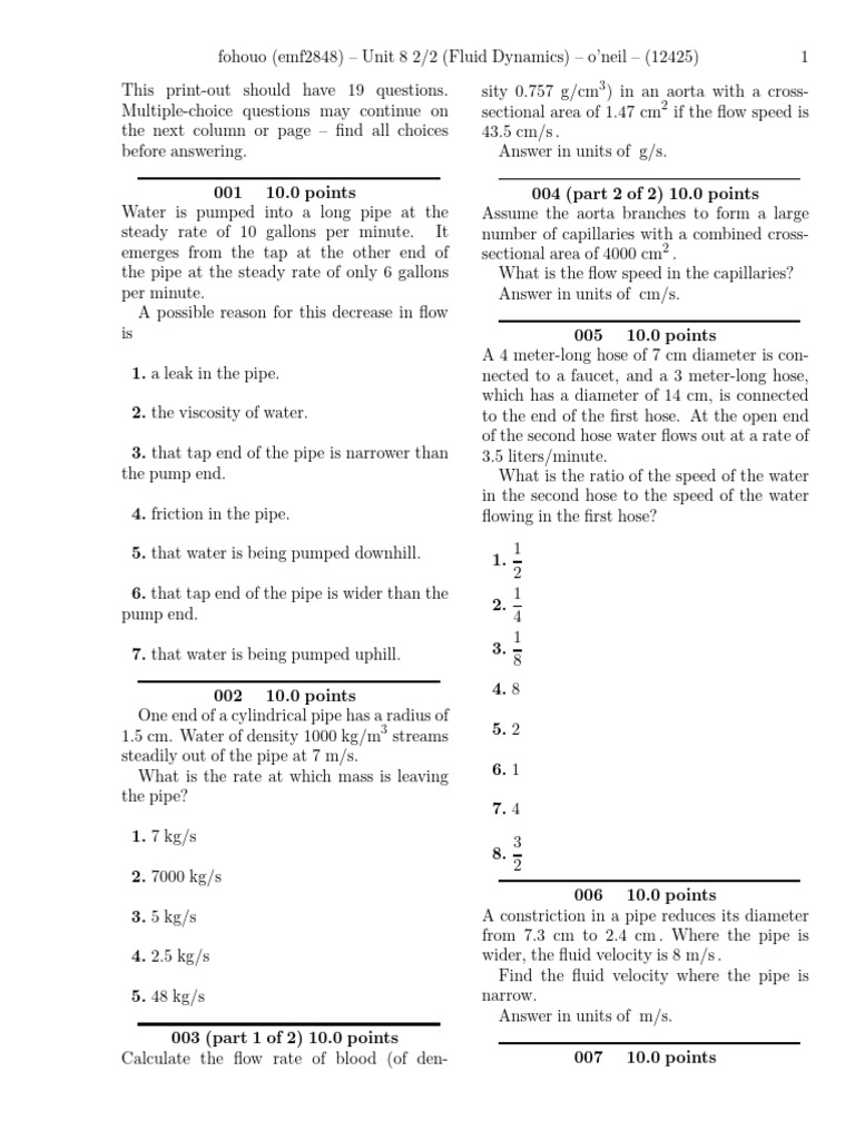 Unit 8 2 - 2 (Fluid Dynamics) - Problems | PDF | Pressure | Fluid Dynamics